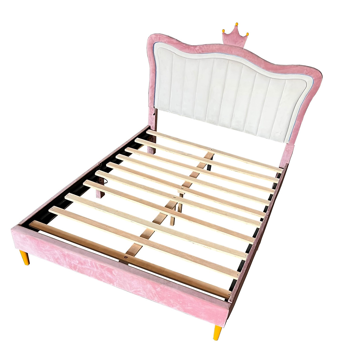 DNYN Full Size Upholstered Platfrom Bed for Kids,Princess Bedframe with Crown Headboard & LED Design,for Girls Bedroom,No Box Spring Needed & Easy Assembly, Pink