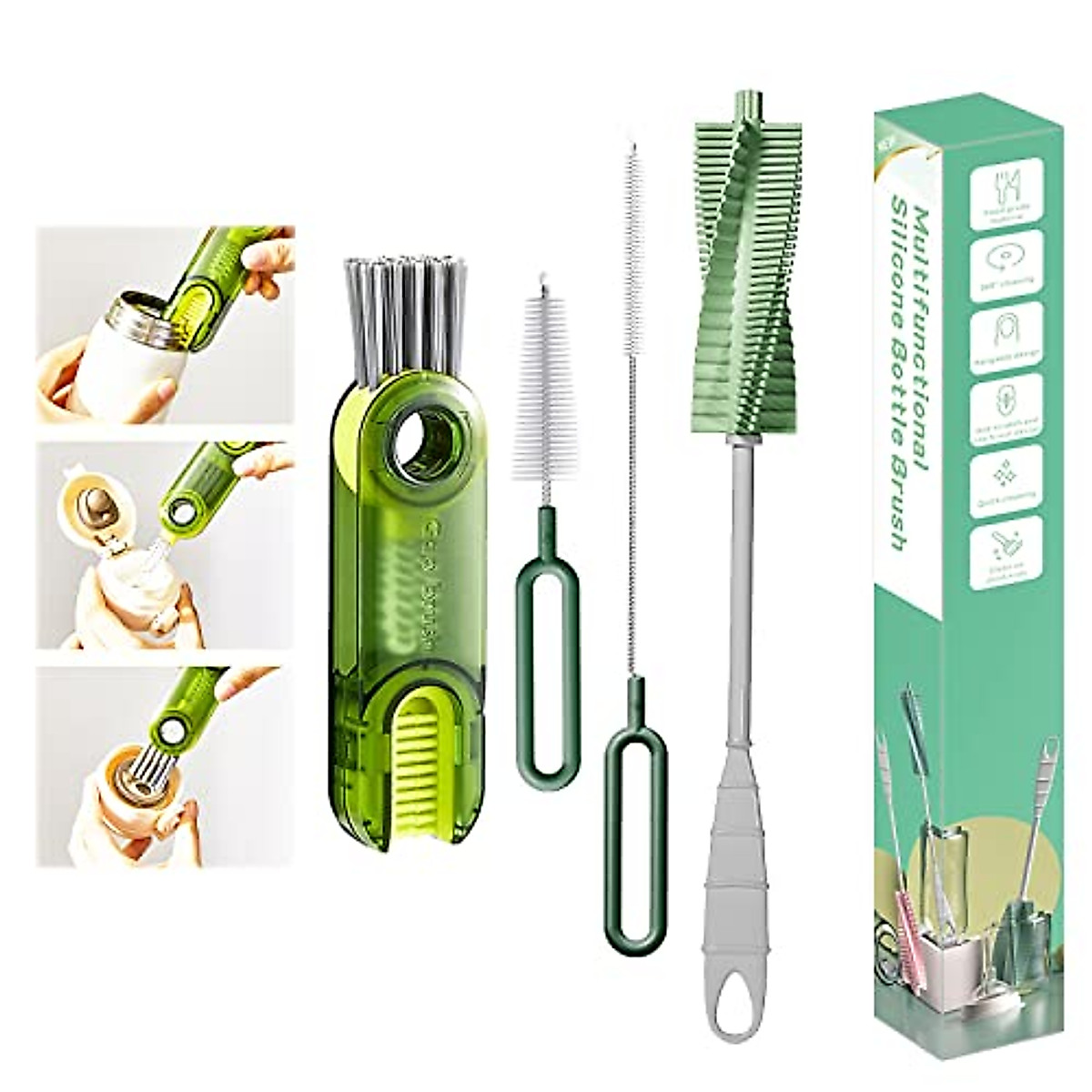 Water Bottle Cleaner Brush Set, Meritpick 3 in 1 Multipurpose Bottle Gap Cleaner Brush & Long Handle Silicone Bottle Brush & Straw Cleaner Brush for All Water Bottle, Baby Bottles (Green)