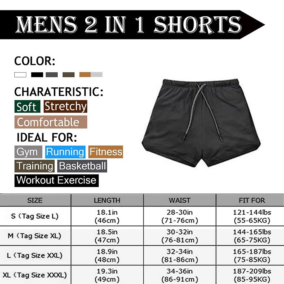 HANERDUN Men 2 in 1 Workout Running Athletic Shorts Sport Pants with Pocket Black