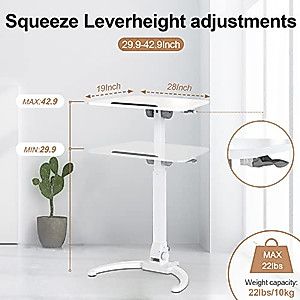 JOY worker Foldable Mobile Standing Desk, Pneumatic Height Adjustable Sit Stand Desk, 90° Tiltable Rolling Laptop Desk, Portable Desk with Wheels Non-Slip Mat for Home Office, Holds Up to 22lbs, White