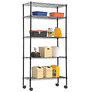 BestOffice 14"x30"x60" Storage Shelves Heavy Duty Shelving 5 Tier Layer Wire Shelving Unit with Wheels Metal Wire Shelf Standing Garage Shelves Storage Rack,Adjustable NSF Certified(Black)