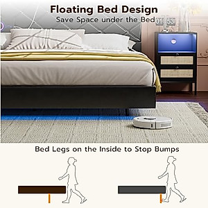 IKIFLY California King Floating Bed Frames with 2 USB Ports - Upholstered Faux Leather Cal King Platform Bed with LED Lights, No Box Spring Needed, Solid Wood Slats, Easy Assembly - Black