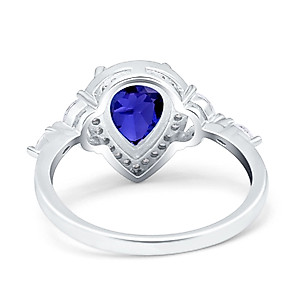 Simulated Blue Sapphire CZ Size-8 Teardrop Pear Art Deco Engagement Wedding Bridal Halo Ring Round Marquise Simulated CZ 925 Sterling Silver