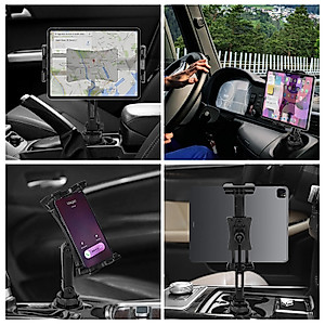 Cup Holder Car Tablet Mount, Universal 360° Rotation Adjustable Long Arm Holder Stand for iPad Pro 12.9/11/10.5/9.7/Air/Mini 6/5/4, Samsung Galaxy Tab/Z Fold 6/5, Amazon Fire HD, 4.7-12.9" Tab & Phone