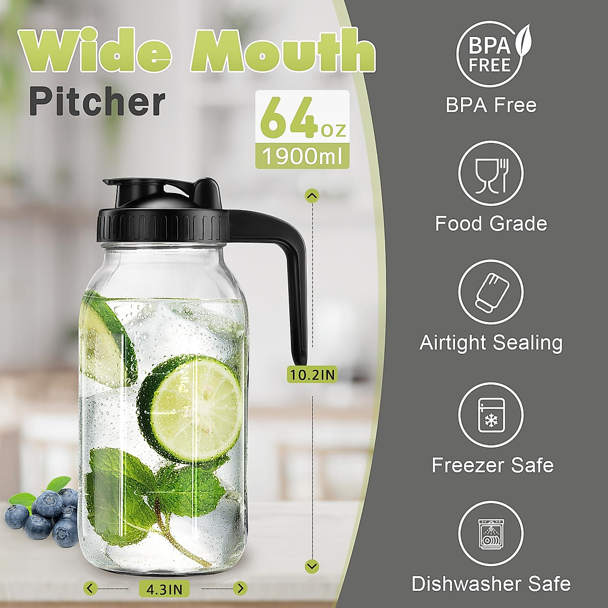 Mason Jar with Pour Spout Lid V-shaped, 64 oz Iced Tea Pitcher with Lids Double Leak Proof, 2 Quart Drink Pitcher for Breastmilk, Sun Tea, Juice, Coffee Creamer, Juice Containers