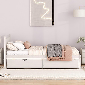 Harper & Bright Designs Twin Bed Frame with Storage Drawers,Wood Twin Beds with Drawers Underneath, Kids Twin Platform Bed with Headboard, No Box Spring Needed,White Washed