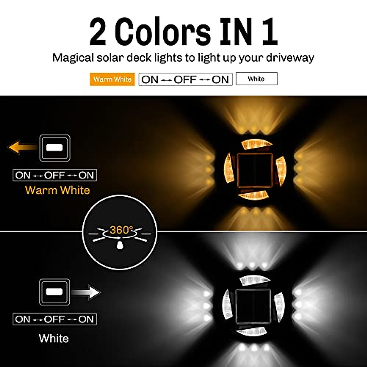 XURISEN 2-in-1 Solar Deck Lights, Dock Lights Solar Powered 4 Pack 12 LED Driveway Markers 1200mAh Outdoor IP68 Waterproof Light for Walkway Step Pathway Garden Yard