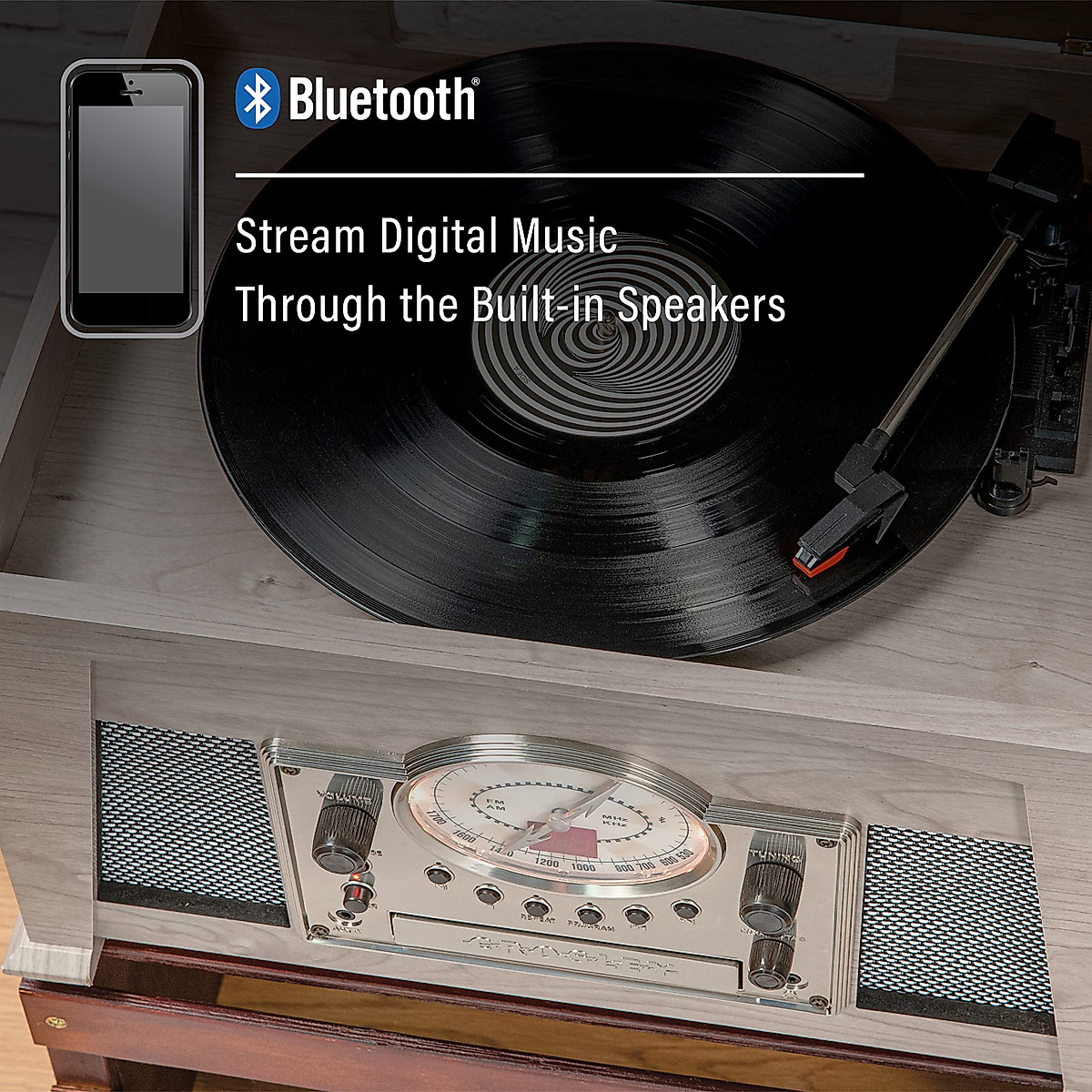 Crosley CR7015A-GY Medley 3-Speed Vinyl Record Player Turntable with Bluetooth, AM/FM Radio, CD Player, Cassette Deck, and Aux-in, Gray