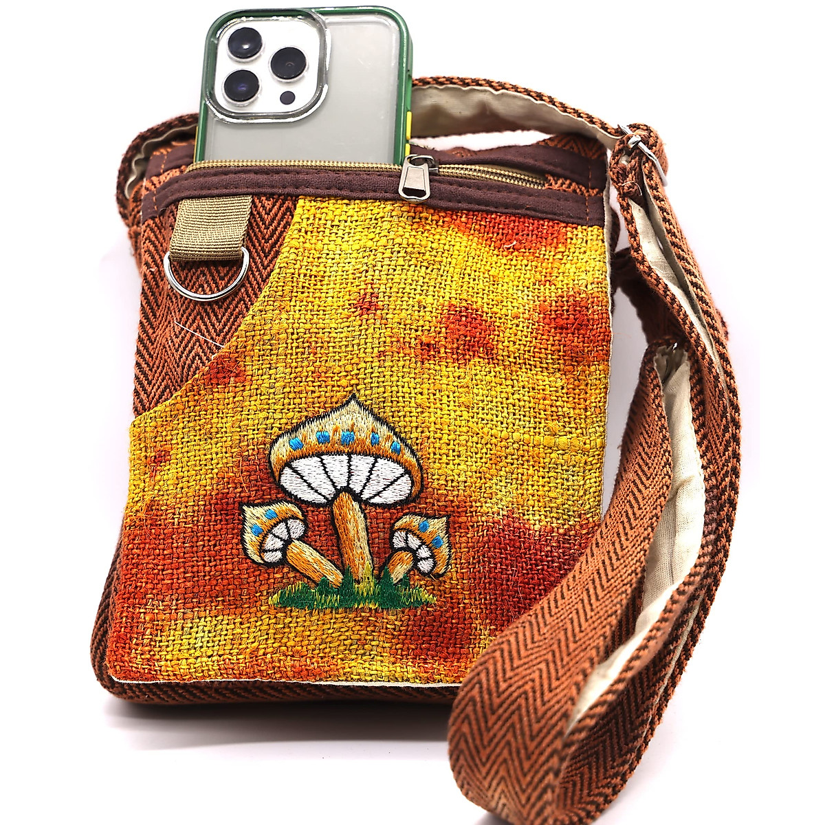 Himalaya Handmade Unique design Mushroom Embroidery Hemp Hobo Passport crossbody bag Festival Travel Bag 100% Himalaya Hemp FAIR TRADE Orange
