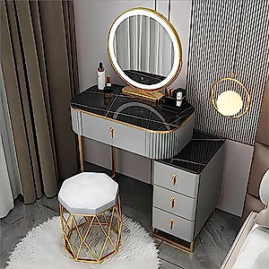 HAWEWE Makeup Vanity with 3-Color Touch Screen Lighted Mirror Drawers Modern Vanity Table Makeup Desk Dressing Table Including Stool Storage Drawers for Bedroom (Size : 70cm/27.5in)