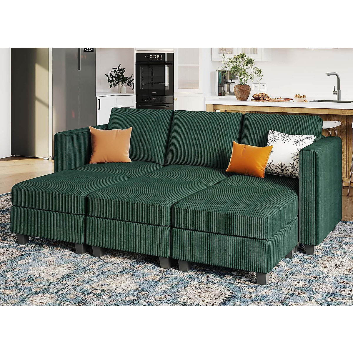 Belffin Corduroy Sectional Sleeper Sofa with Storage Ottoman, Modular Luxury Sectional Sofa with Chaise, Convertible Modern Sectional for Living Room, Green