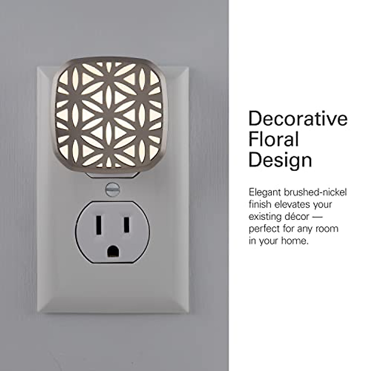 Lights by Night Decorative LED Night Light, Brushed Nickel Flower Design, Plug-in, Dusk to Dawn Sensor, UL-Certified, Home Décor, Ideal for Bedroom, Bathroom, Kitchen, Hallway, 54744, 2 Pack