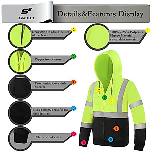 sesafety High Visibility Safety Sweatshirt for Men, Class 3 Reflective Zippered Hooded Sweatshirt, Hi-Vis Safety Hoodie with Black Bottom, Yellow, XL