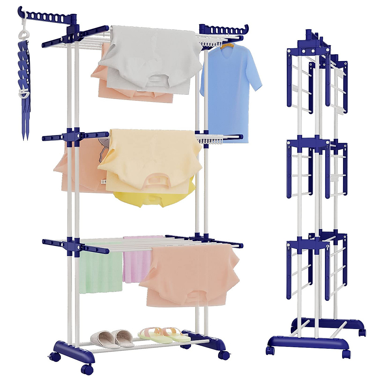 Rbitroise Clothes Drying Rack,Clothes Drying Rack Foldable,Drying Rack Clothing Folding,4-Tier Laundry Drying Rack for Clothes,Rolling Clothes Horses Dryer Rack,-Dark Blue