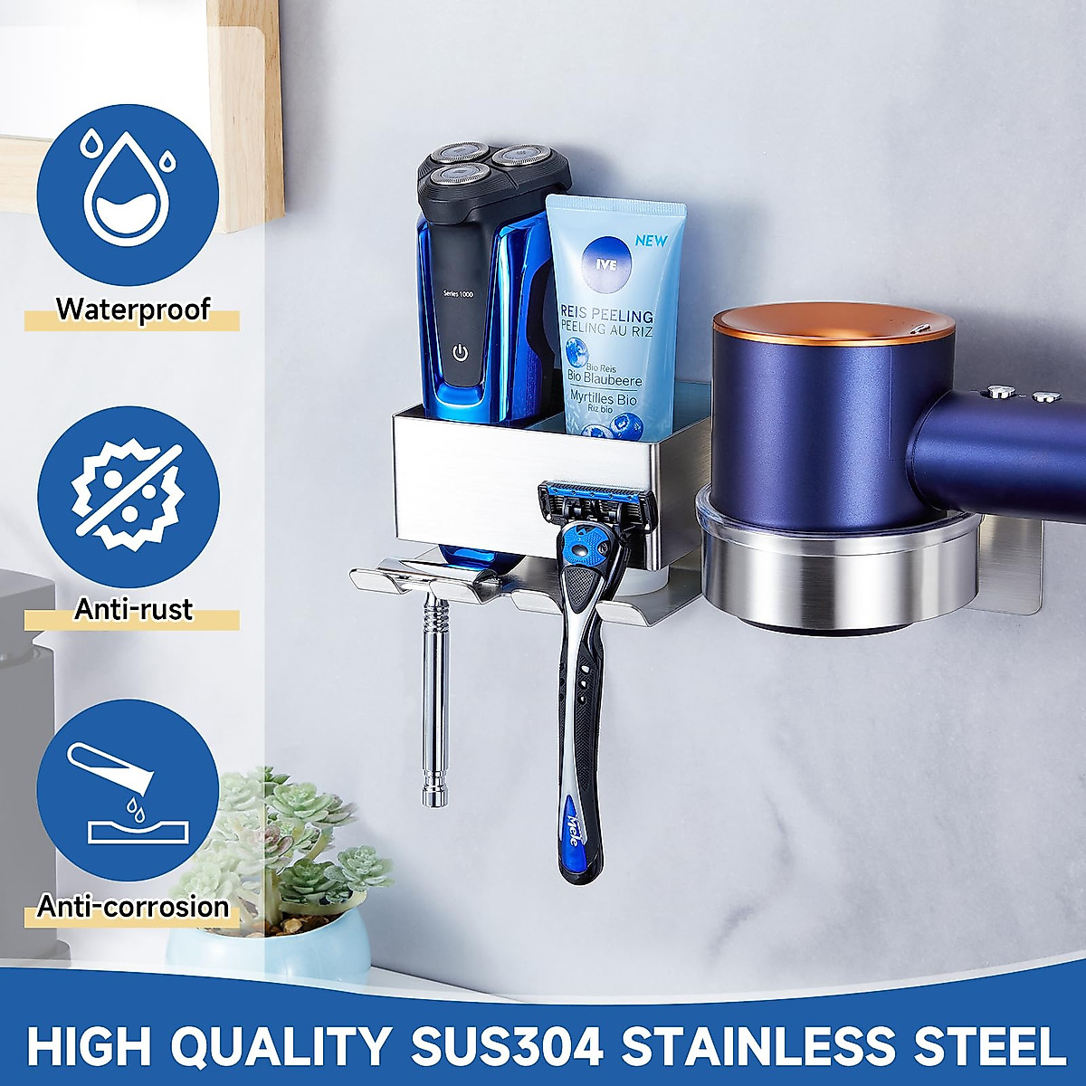 XILIMEN Hair Dryer Holder Wall Mounted, Blow Dryer Holder, Stainless Steel Hair Tool Organizer, Curling Iron Holder No Drilling, Adhesive Hairdryer Holder for Bathroom Barber Shops