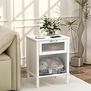 YAUKOMEL Small White Nightstand, End Table with Drawer, Bed Side Table,Nightstand with Acrylic Drawer for Living Room, Bedroom,Small Space White CTG67W
