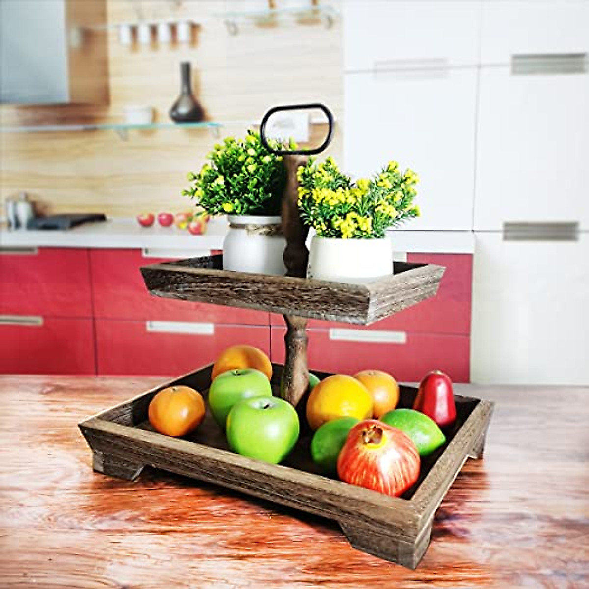 CRAZYMOTO 2 Tier Wooden Rustic Retro Tiered Tray Farmhouse Tiered Tray Stand - Wood Tiered Tray Decor Holder for Rectangle Wooden Platter for Cakes, Desserts Fruits Snack Candy