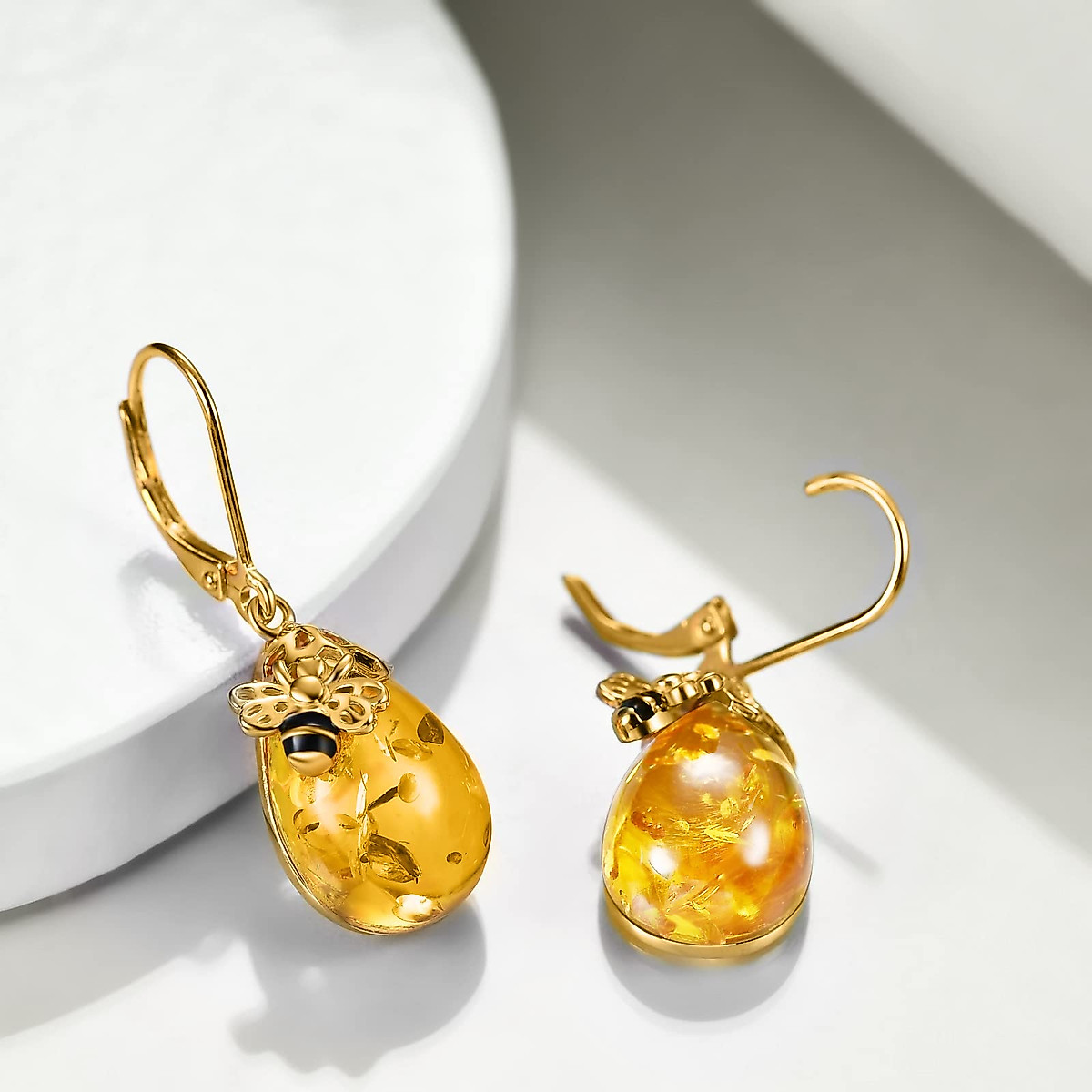 TIGER RIDER Bee 925 Sterling Silver French Clasp Earrings Amber Pendant Jewelry Gift for Women