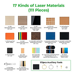 xTool Laser Material Explore Kit, 111 PCS Laser Engraving Blanks for Laser Engravers & Laser Cutters, Plywood, Acrylic, Leather, Metal, Felt, Paper for Laser Crafting, Customizing Gifts