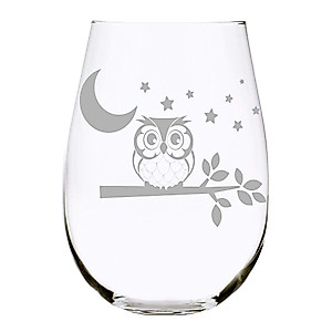 C M Owl with moon and stars stemless wine glass, 17 oz.