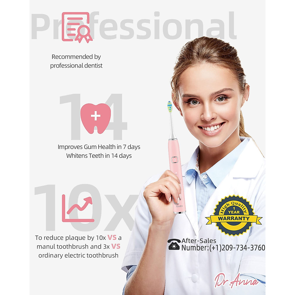 7AM2M Rechargeable Sonic Electric Toothbrush AM100 Package with 10 Brush Heads