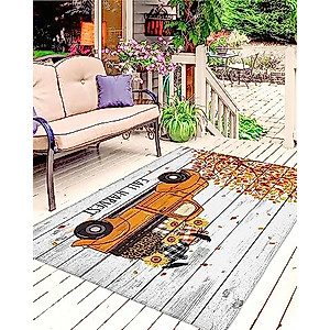 Outdoor Area Rug for Patio,Thanksgiving Autumn Farm Truck Pumpkins Camping Rugs Indoor Large Floor Mat 4x6ft,Fall Orange Leaf Flowers on Wooden Outside Carpet for Deck RV Picnic Porch Backyard