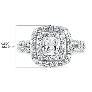 .925 Sterling Silver Cushion Cut Cubic Zirconia Split Shank Double Halo Engagement Ring - Size 9
