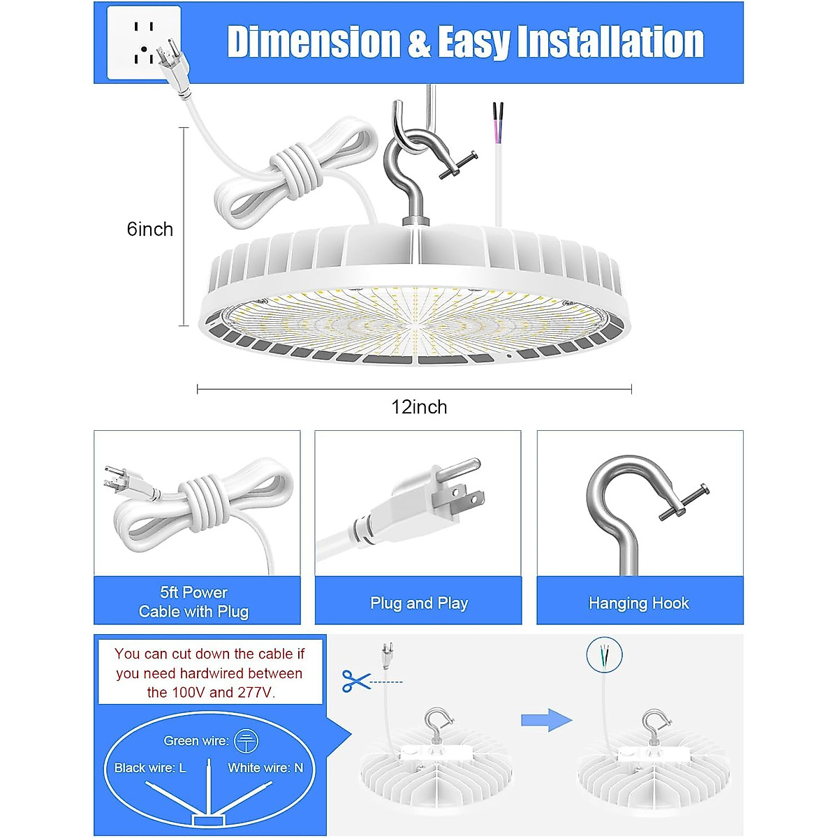 KUKUPPO 10 Pack LED High Bay Light 240W 190W 140W Adjustable, 3000K 4000K 5000K Adjustable UFO Bay Light with 5' Cable and Plug, 0-10V Dimmable AC100-277V UL&DLC Listed, White