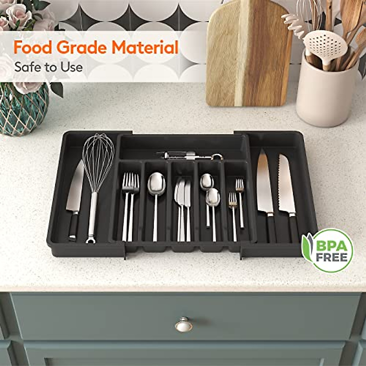 Lifewit Silverware Drawer Organizer, Expandable Utensil Tray for Kitchen, Adjustable Flatware and Cutlery Holder, Compact Plastic Storage for Spoons Forks Knives, Large, Black