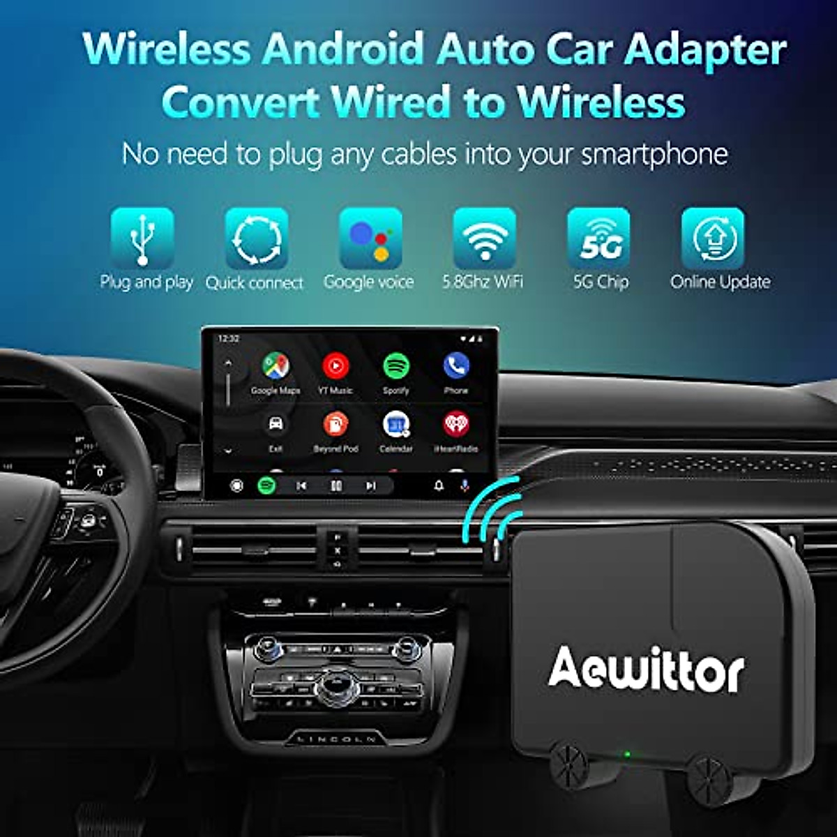 2023 Android Auto Wireless Adapter for OEM Factory Wired Android Auto Cars, Plug & Play Easy Setup Wireless Android Auto Dongle for Android Phones Converts Wired Android Auto to Wireless