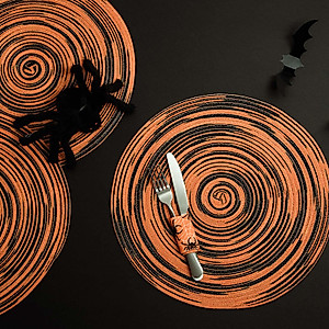 AHHFSMEI Round Braided Halloween Placemats 15 Inch Round Table Mats for Dining Tables Natural Woven Heat Resistant Place mats Set of 6 (Orange Black)