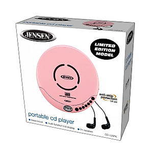 Jensen Portable CD-120 Portable Personal CD Player Compact 120 SEC Anti-Skip CD Player – Lightweight & Shockproof Music Disc Player & FM Radio Pro Sport-Earbuds for Kids & Adults (Pink)