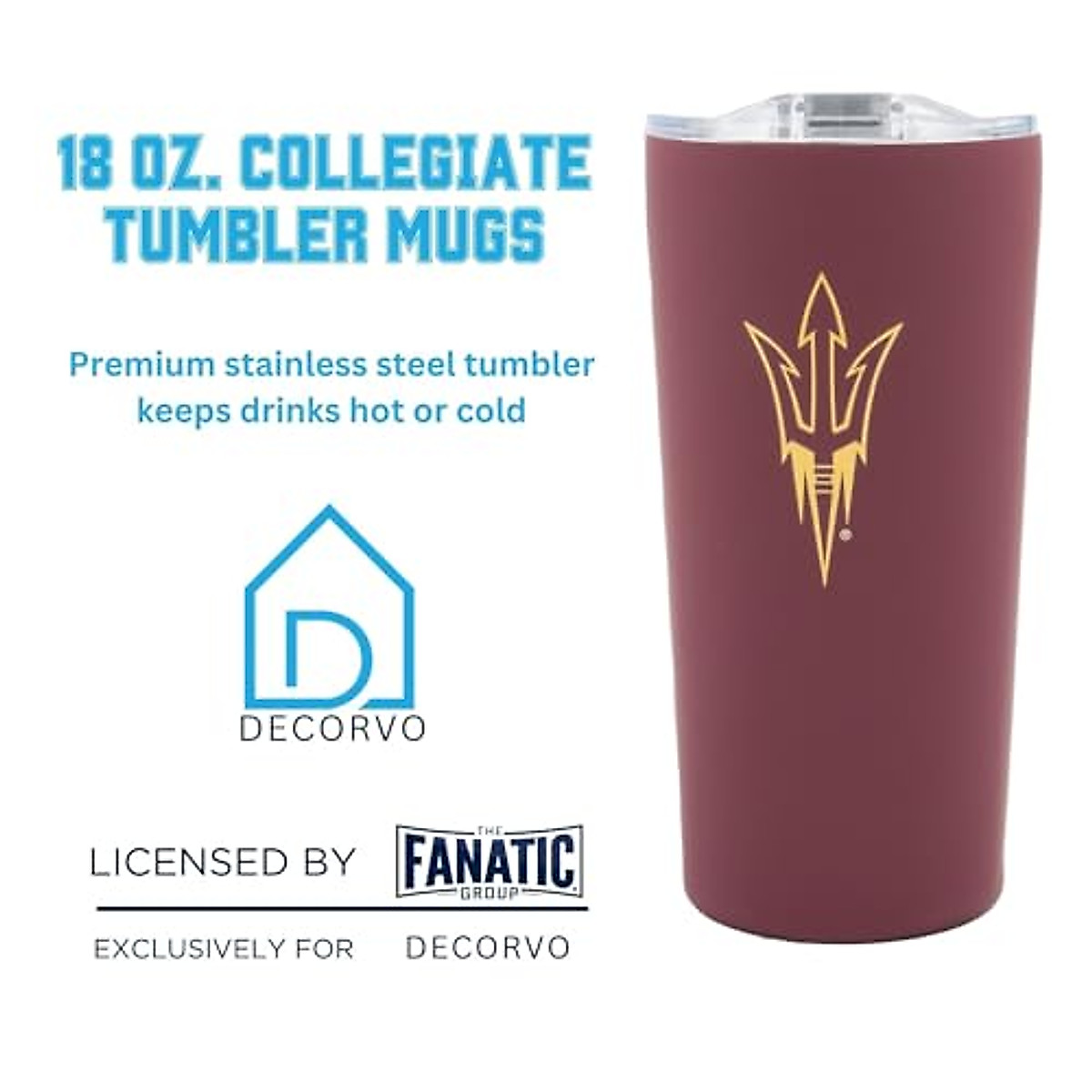 Decorvo Officially Licensed Collegiate Stainless Steel Tumbler - Double Walled Insulated Travel Thermos with Slide Lid - 18 oz (Arizona ST - Red)
