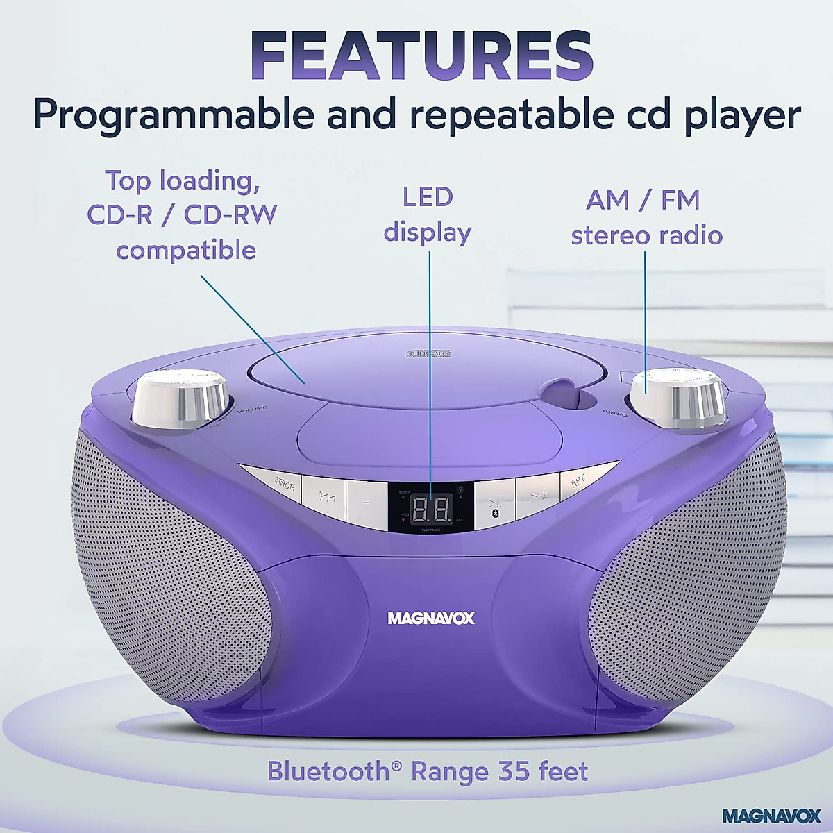 Magnavox MD6949 Portable Top Loading CD Boombox with AM/FM Stereo Radio and Bluetooth Wireless Technology in Black | CD-R/CD-RW Compatible | LED Display | (Purple)
