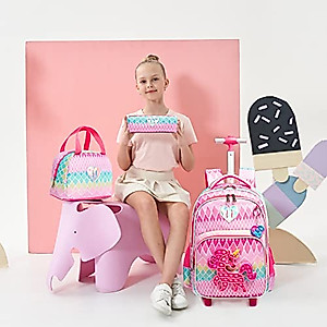 Meetbelify Cute Unicorn Rolling Backpack for Girls Backpacks with Wheels for Elementary Kids Pink Suitcase Set Travel Laptop Luggage for Girls Age 6-8