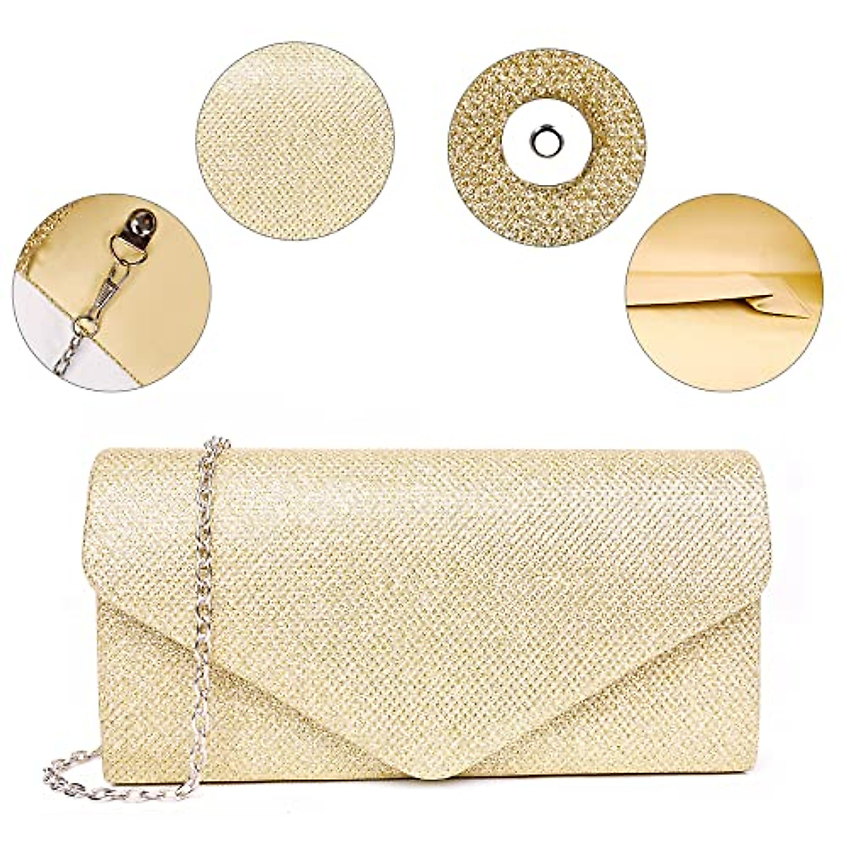 Larcenciel Gold Clutch Purses for Women, Sparkly Sequin Envelope Clutch Evening Bag w/Chain, Gorgeous Shoulder Crossbody Handbags, Shiny Party Prom Purse Bride Wedding Guest Clutch Dress Carry on Bag