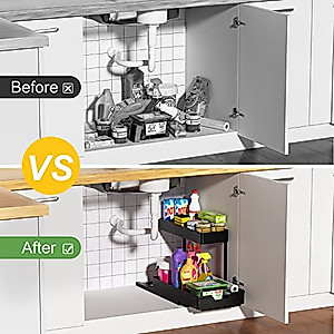 Under Sink Organizers and Storage, 2 Tier Sliding Shelf Bathroom Cabinet Organizer with Hooks, Hanging Cup, Multi-purpose Under Kitchen Sink Organizer, 1 Pack