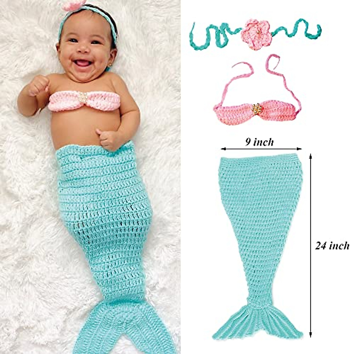 M&G House Newborn Photography Prop Mermaid Outfit Baby Photo Props Handmade Crochet Mermaid Tail Outfit Baby Mermaid Costume Set Headband Bra Tail(Aquamarine)