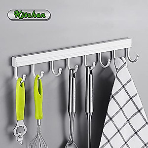 NC Kitchen Towel Hook Self Adhesive Installation,with 8 Slide Hooks, Kitchen Must Haves,Door,Key,Bathroom Coat Rack Hook Space Aluminum Wall Bathroom Hat Hook.(15.75 inch with 8 Hook, Silver White)