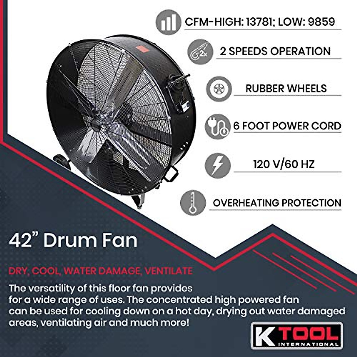 K Tool International 77742; 42” Belt Drive Drum Fan; Industrial Fan, Garage, Shop, High Speed 2-Speed, Durable, Cut-Off Protection, Easy Mobility Rubber Wheels; 1 Year Warranty, 14,800 Max CFM, Black