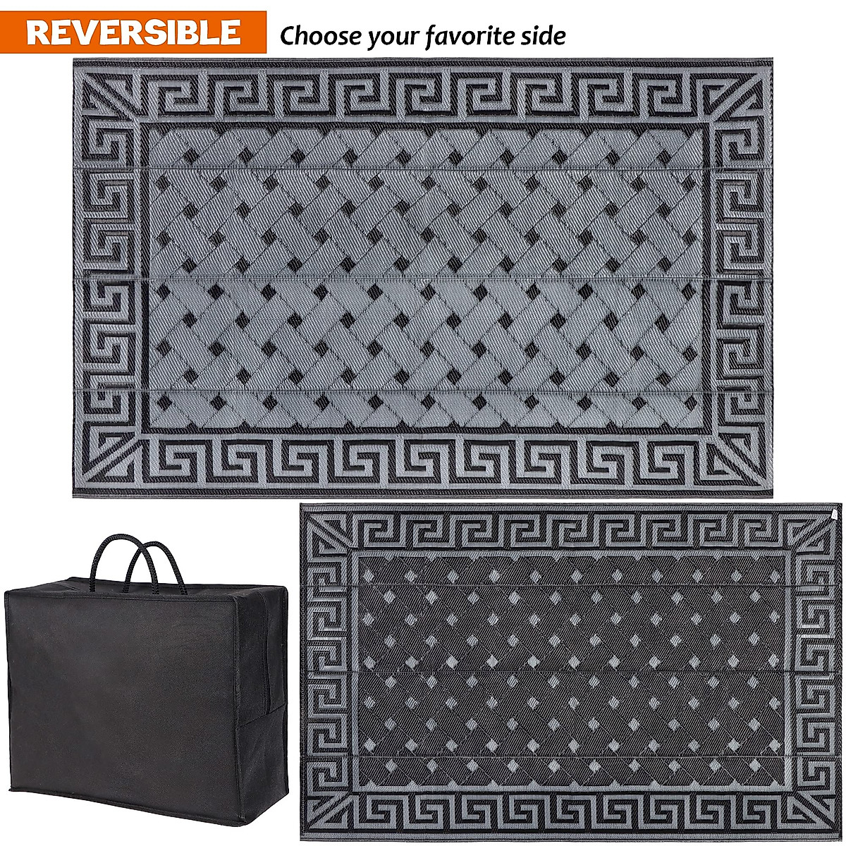 SAND MINE Reversible Mats, Plastic Straw Rug, Modern Area Rug, Large Floor Mat and Rug for Outdoors, RV, Patio, Backyard, Deck, Picnic, Beach, Trailer, Camping (5' x 8', Black & Grey)