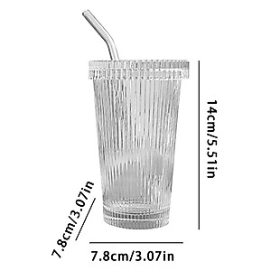 MEFFE Ribbed Glass Stem-ware, Glass Tumbler Stripe Glass Cup, Elegant Ribbed Glass Tumblers, Ribbed Glass Drinking Jars, Coffee Cup With Lid and Straw Drinking Glasses for Iced Coffee, Milk, Tea, Jui