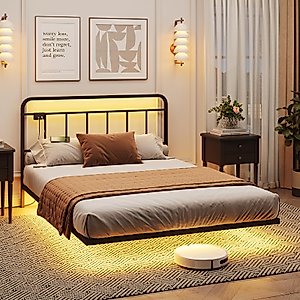 Fameill Queen Size Floating Bed Frame Metal Platform Bed with Vintage Style Headboard, with USB Charging Station, LED Lights No Box Spring Needed, Easy Assembly, Black
