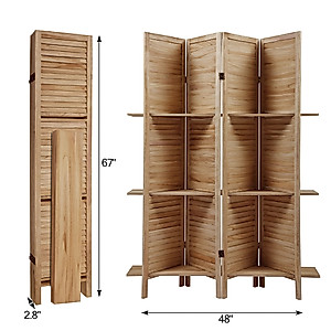 JAXPETY 4-Panel Wood Louvered Room Divider with Wide Transverse Boards, 5.6 Ft Tall Oriental Folding Freestanding Privacy Screen Room Dividers for Home, Office and Bedroom, Nature