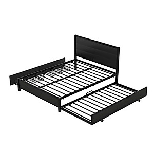 DUNTRKDU Queen Size Metal Platform Bed Frame with 2 Storage Drawers and Twin Size Trundle, Storage Platform Bed with Tufted Headboard for Kids/Teen/Adults, Noise-Free, No Box Spring Needed (Queen)