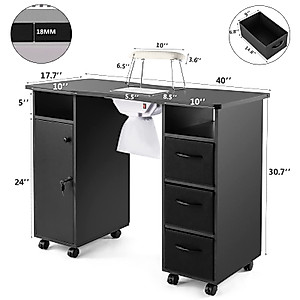 Artist hand Manicure Table, Nail Table, Nail Beauty Manicure Desk, Wrist Cushion, Lockable Wheels, Storage Drawers, Electric Downdraft Vent, White