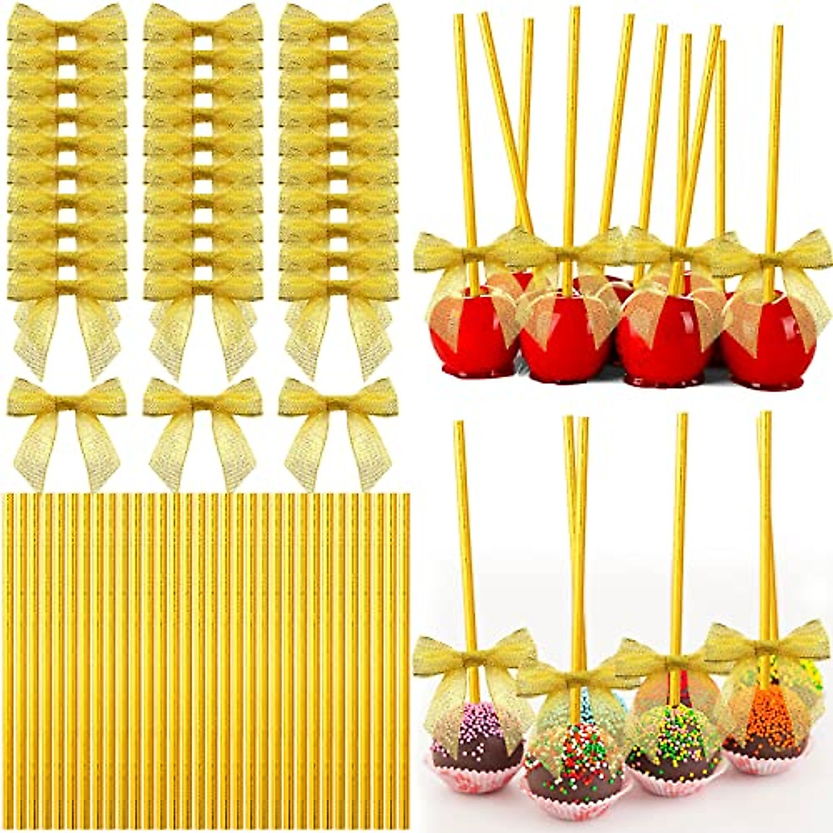 200 Cake Pop Sticks and Bows Kit for Cake Pops, Candies, Lollipops, Chocolates and Cookies Decorating, Include 100 Satin Ribbon Twist Tie Bows and 100 Paper Striped Straws for Party Supplies (Gold)