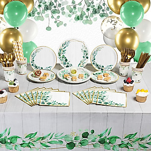 Eucalyptus Party Supplies Sage Greenery Plates and Napkins Green Leaf Tablecloth Balloons Gold Leaf Jungle Theme Boho Party Supplies for 16 Guests Tableware Bridal Wedding Decorations