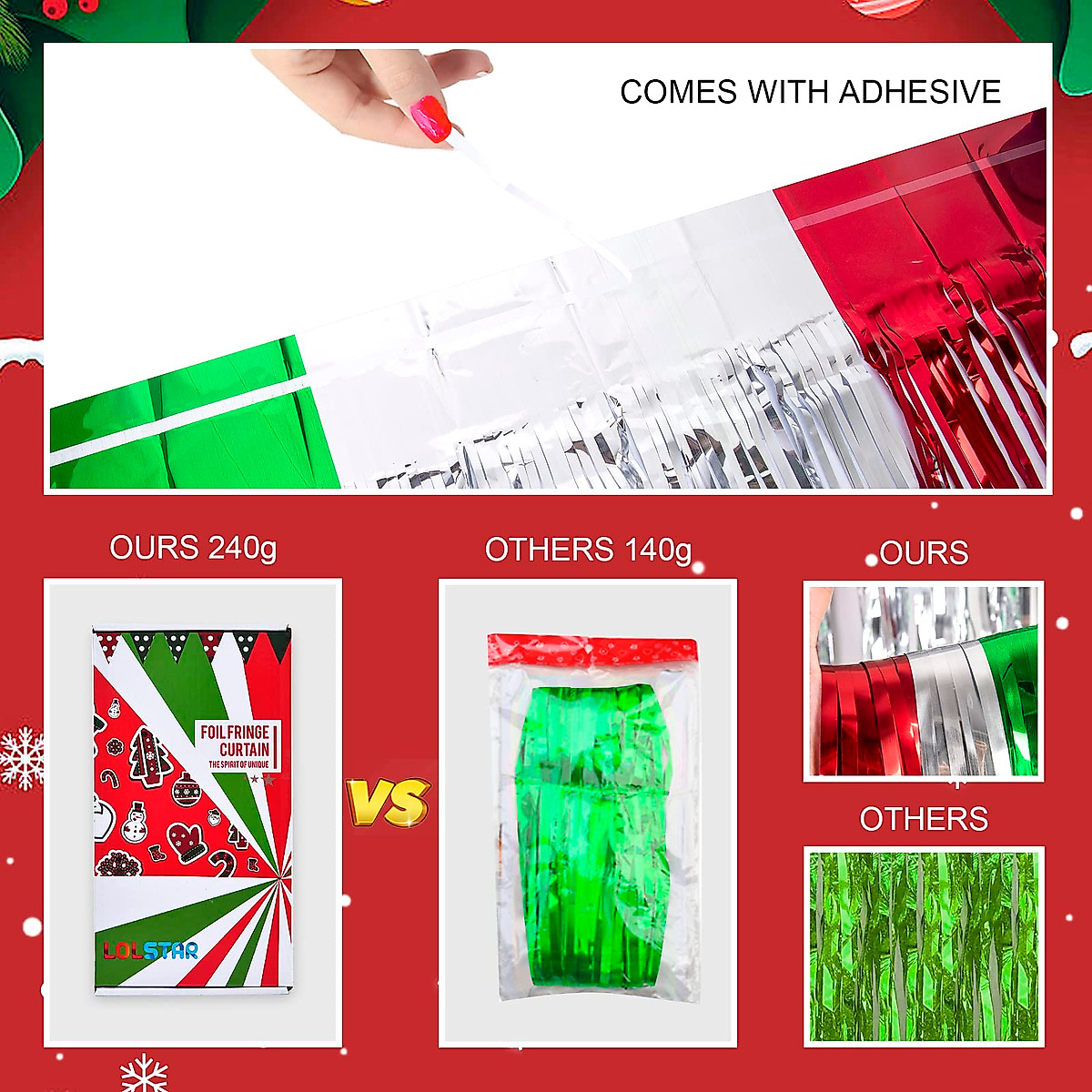 LOLStar 5 Pack Christmas Foil Fringe Curtains Christmas Party Decoration 3.3 X 6.6 ft Red Silver Green Tinsel Fringe Party Photo Backdrop Streamer Backdrop for Christmas, New Year, Ugly Sweater Party