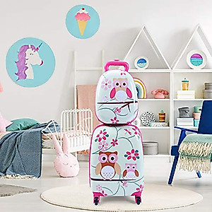 GYMAX Kids Carry On Luggage Set, 12" & 16" 2PCS Rolling Suitcase (Owl)